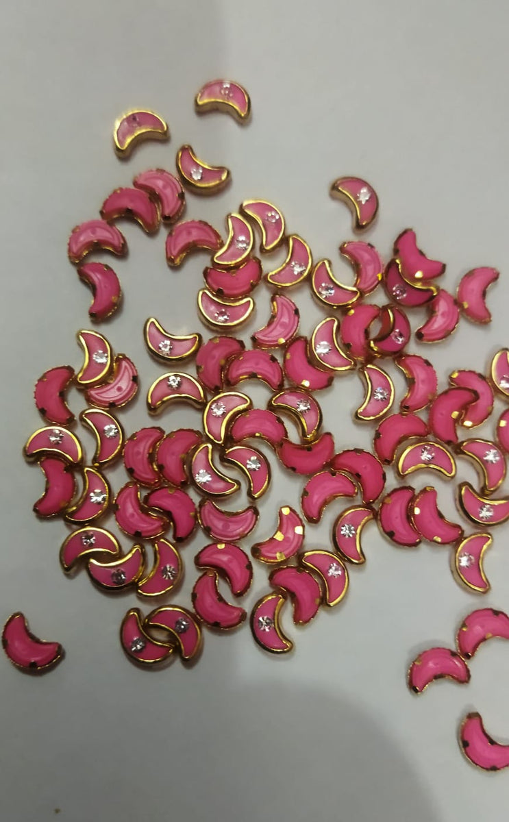 Coloured Pearl Kundan Stone (Flat Back Framed) - Cresent Shape with st ...